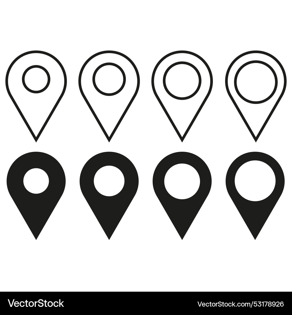Pin location icons outline and solid black Vector Image