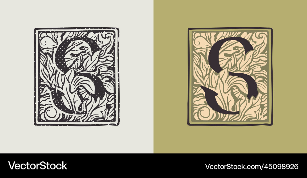 S letter drop cap logo in engraved medieval style Vector Image