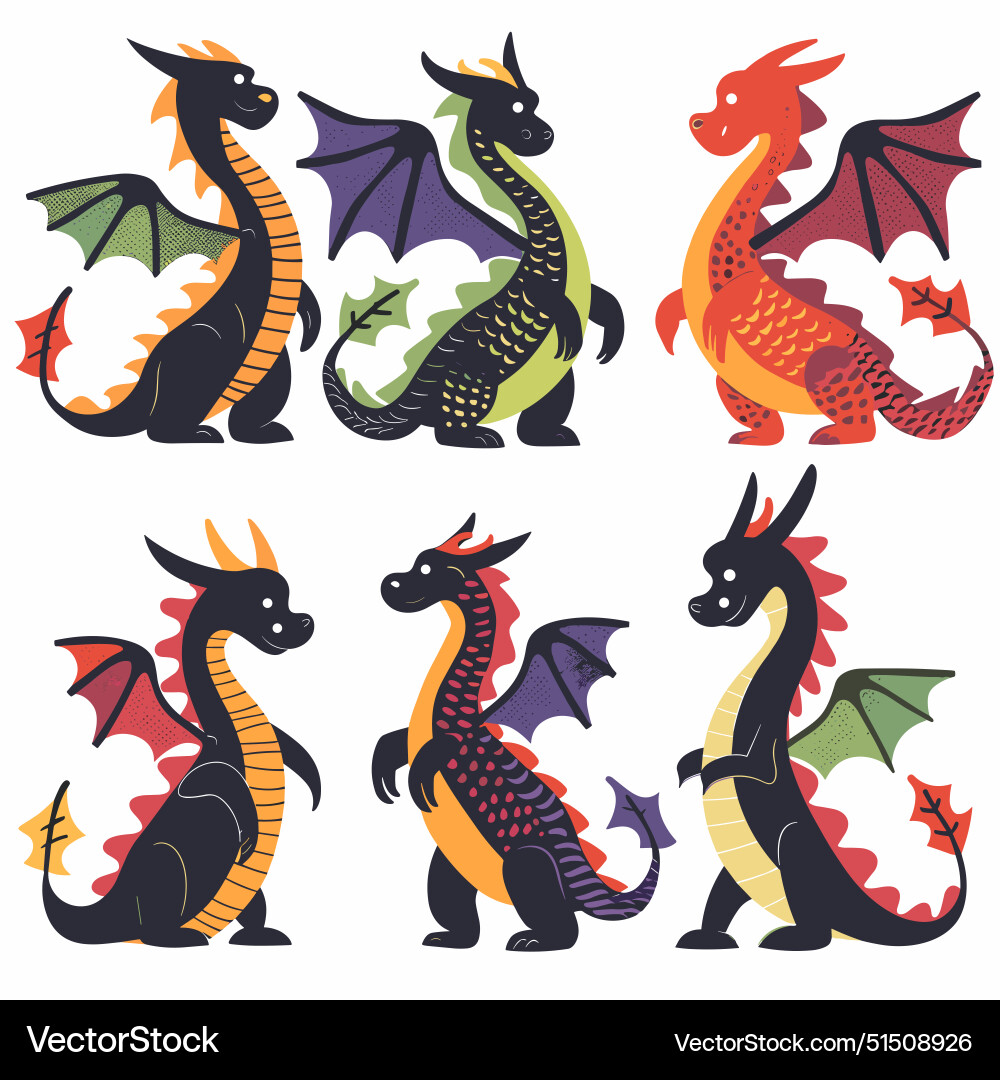 Six colorful cartoon dragons various Royalty Free Vector