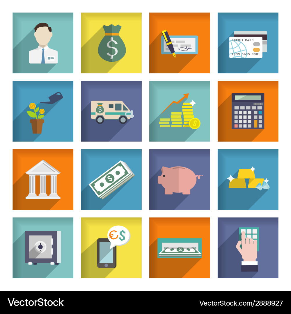 Bank service icons flat set Royalty Free Vector Image
