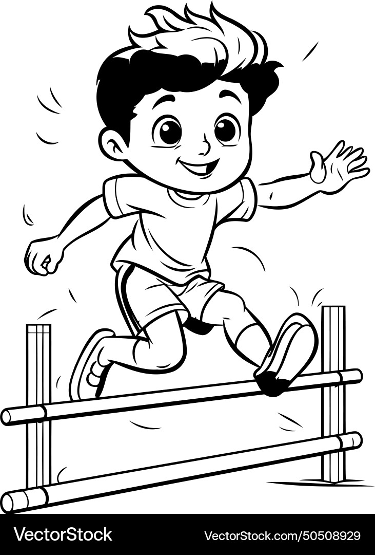 Boy jumping over hurdle - black and white cartoon Vector Image