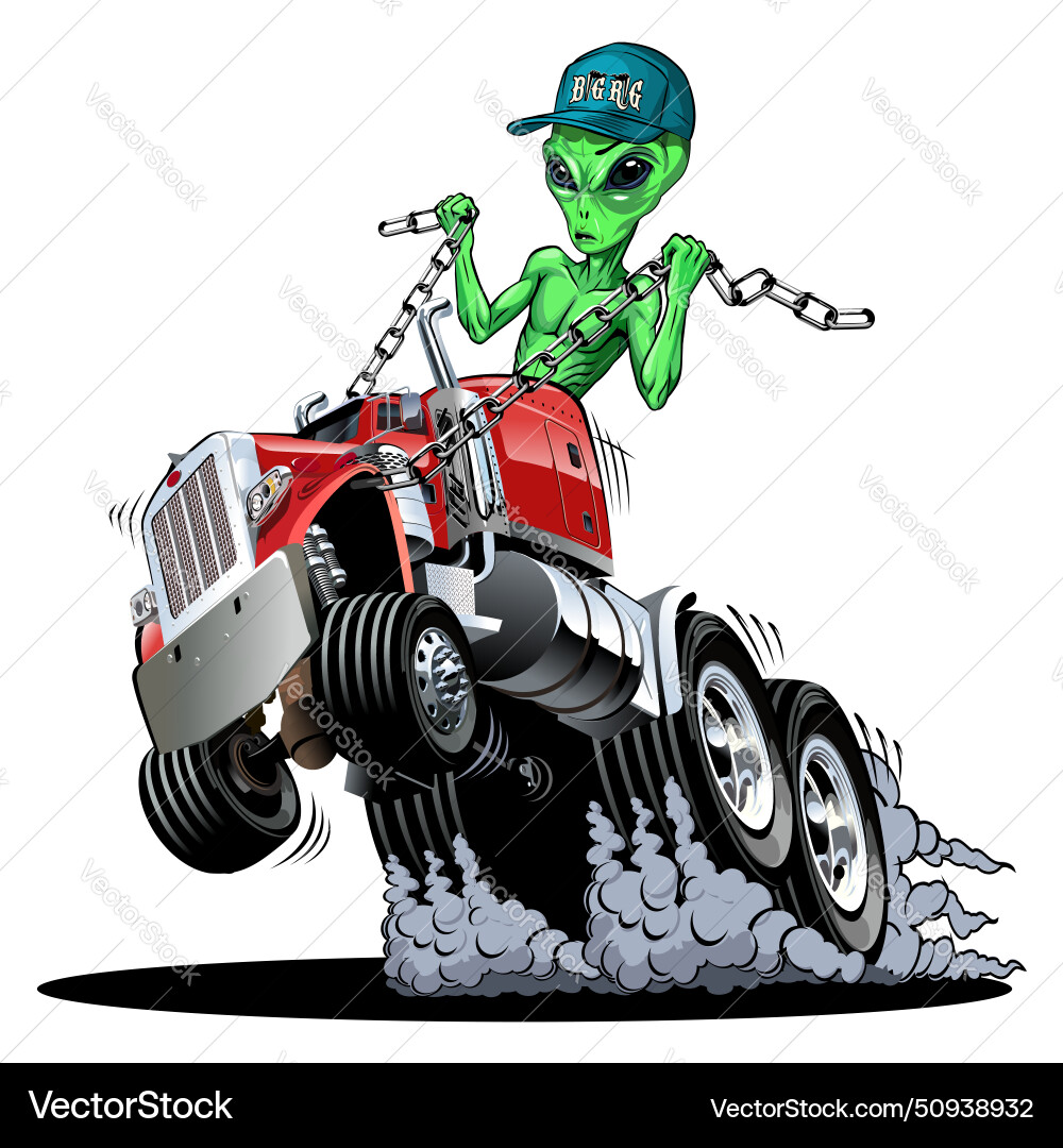 Cartoon alien drives a truck Royalty Free Vector Image