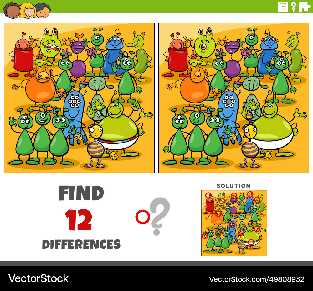 Differences game with funny aliens characters Vector Image