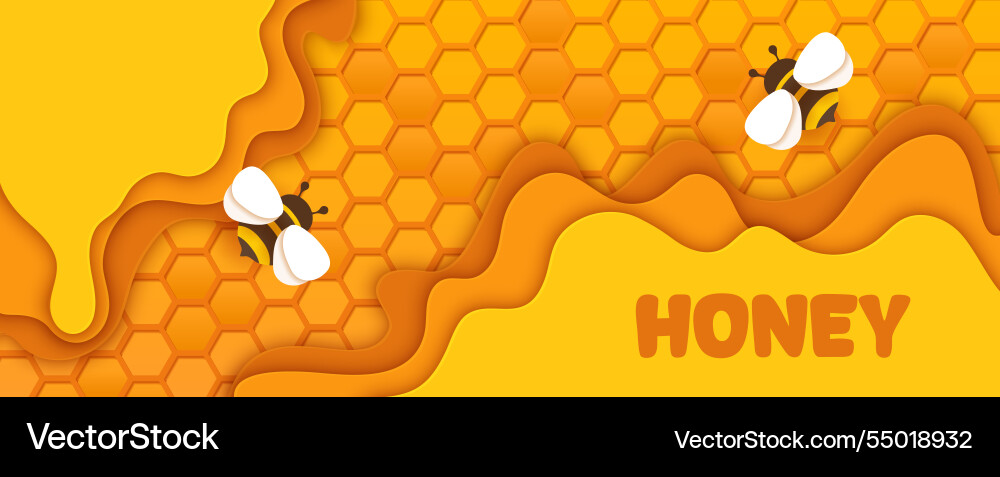 Paper cut honey bee banner with honeycombs pattern