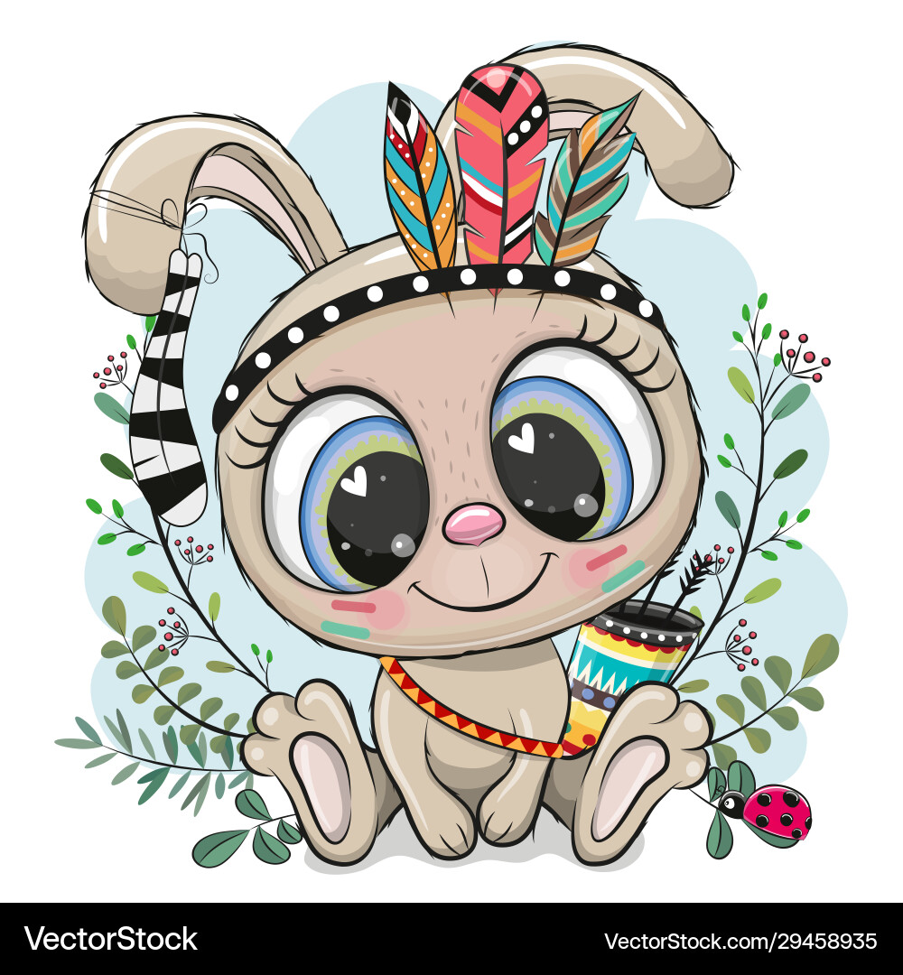 Cartoon tribal rabbit with feathers on a blue Vector Image