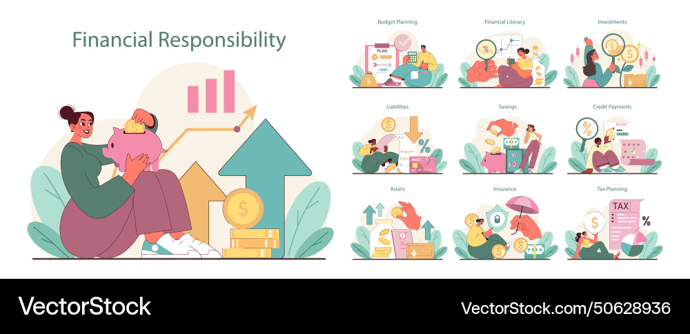 Financial responsibility set wise money Royalty Free Vector