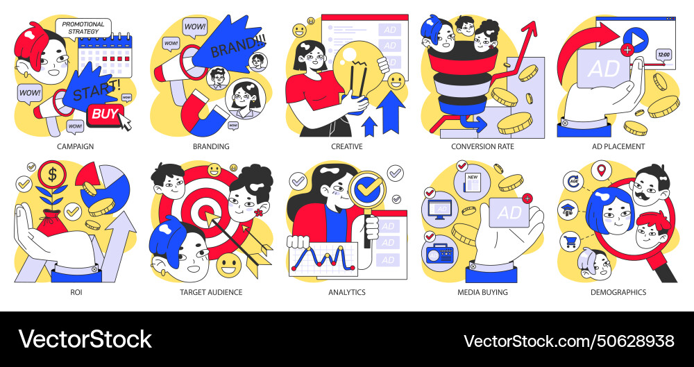 Advertising agency set flat Royalty Free Vector Image