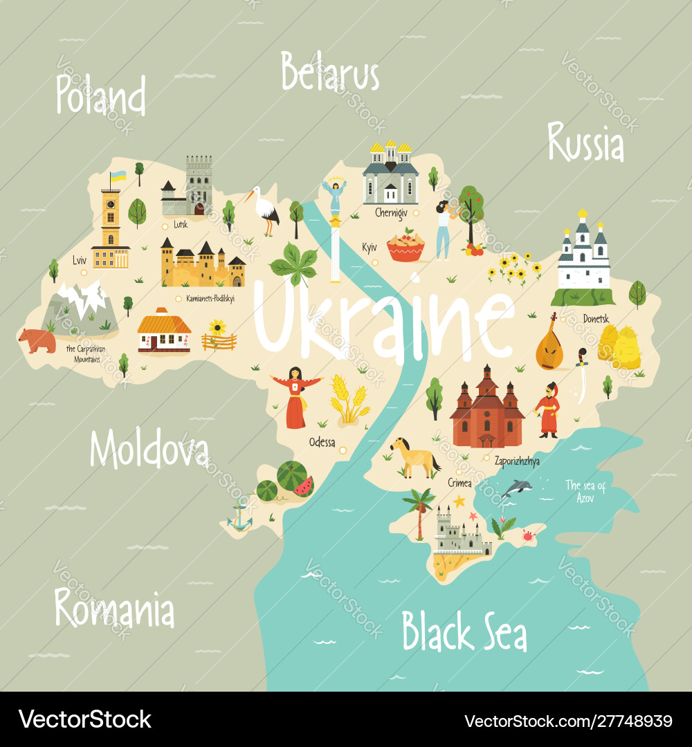 Bright map ukraine with landscape symbols Vector Image