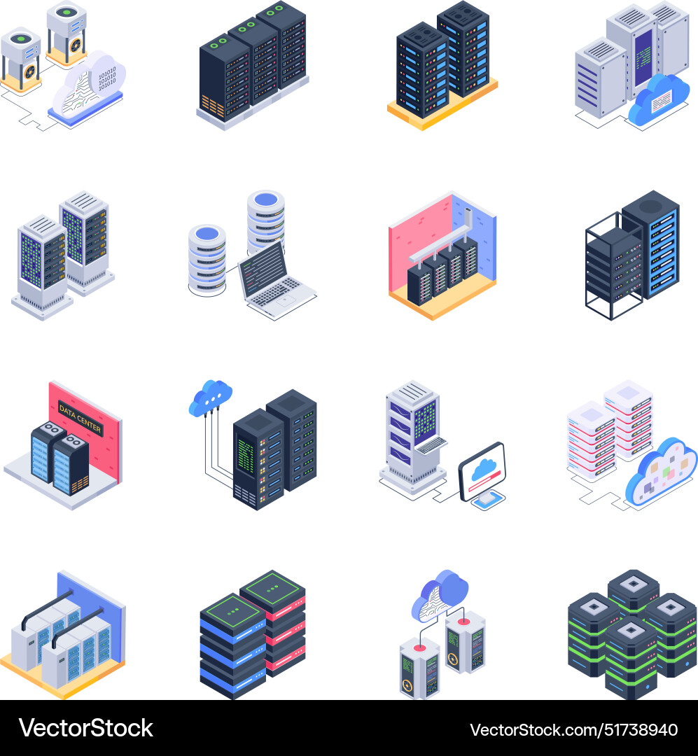 Collection of server room isometric icons Vector Image