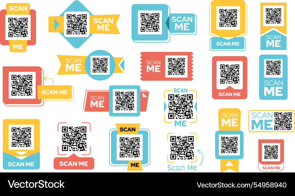 Colorful qr code labels scan me frames Royalty Free Vector
