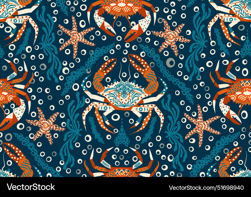 Nautical crab seamless pattern bright colors Vector Image