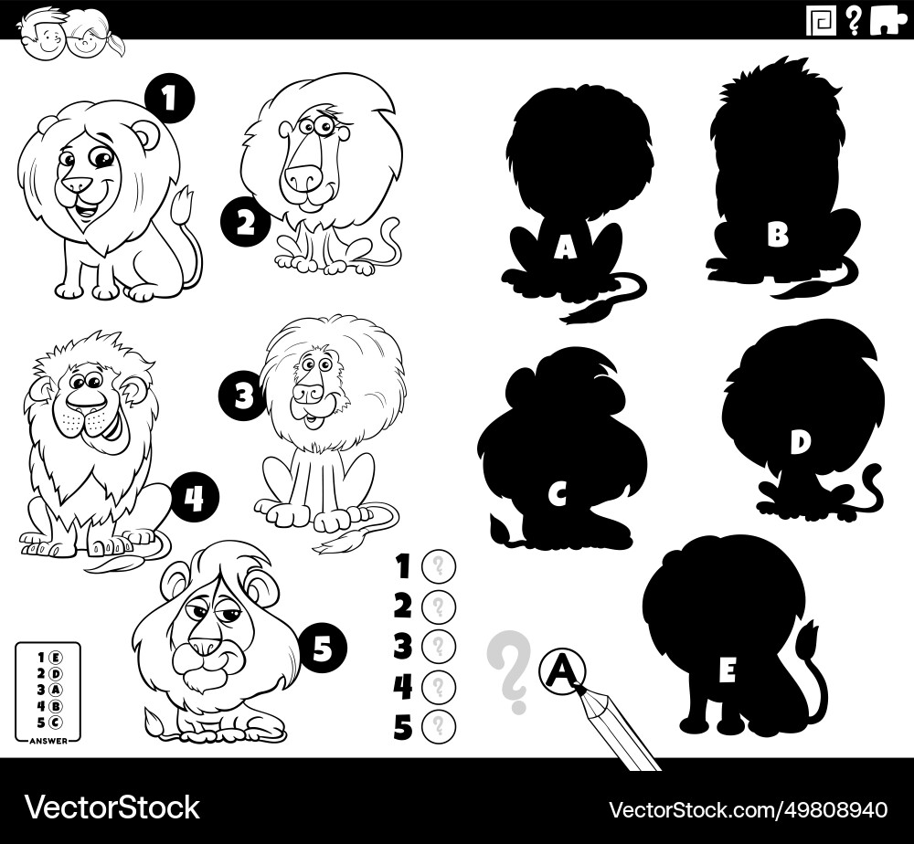 Shadows game with cartoon lions coloring page Vector Image