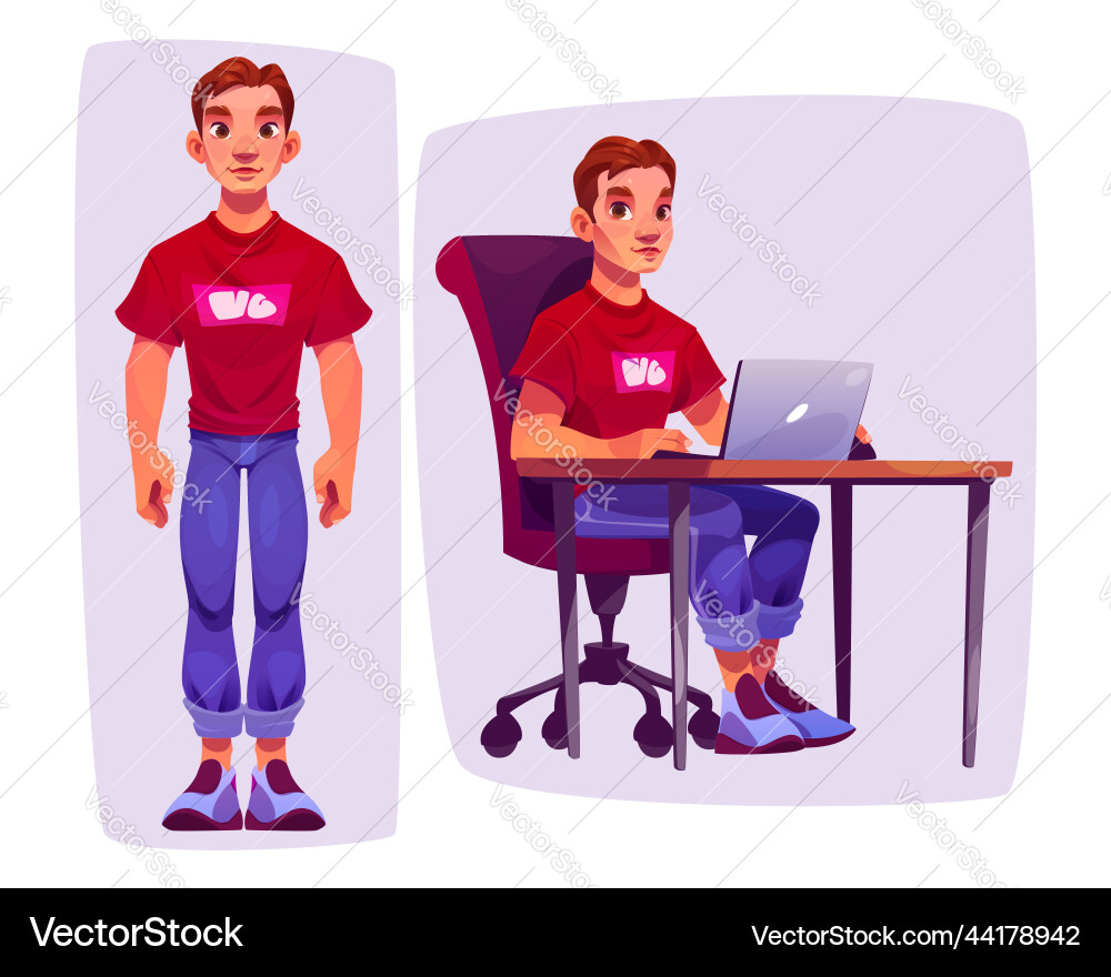 Man character standing and sitting with laptop Vector Image