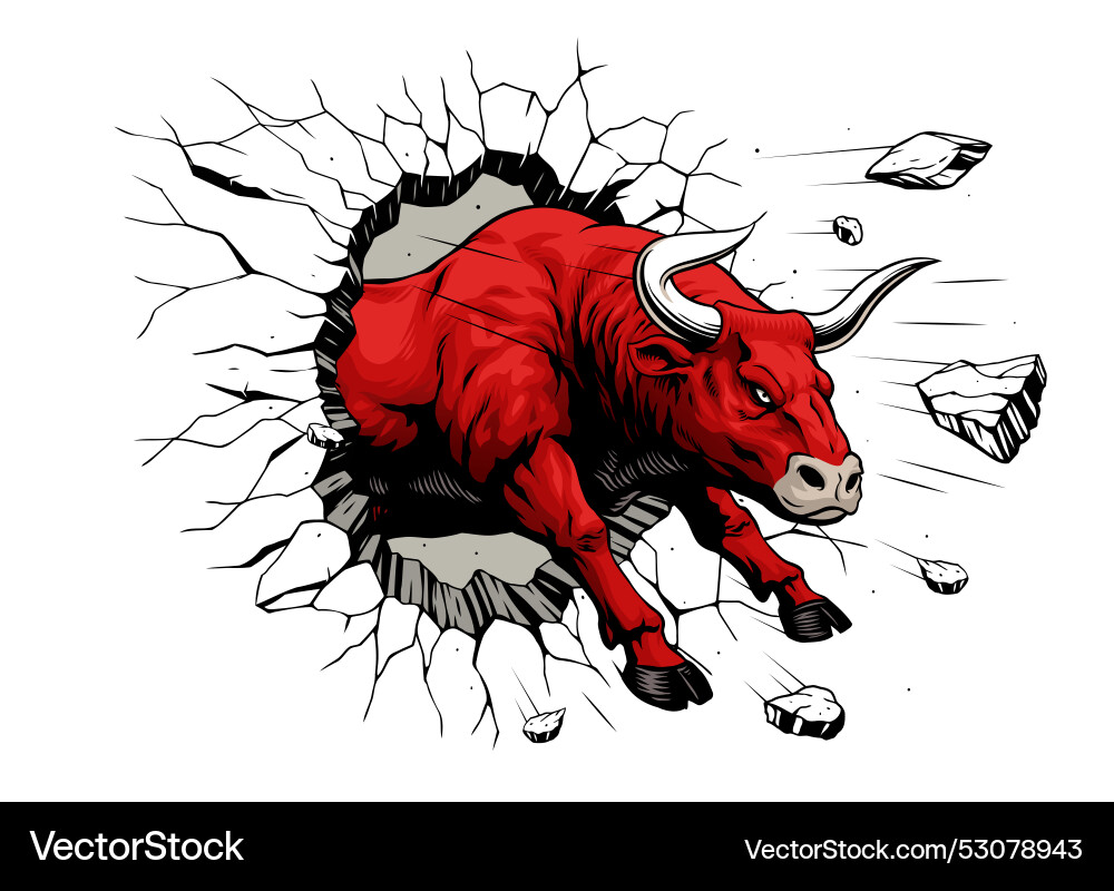Furious bull smashing through a wall hand drawn Vector Image