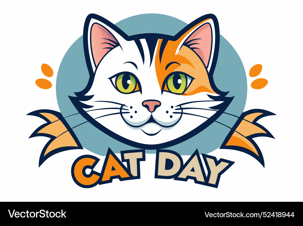 A cat logo with ribbon that says day Royalty Free Vector