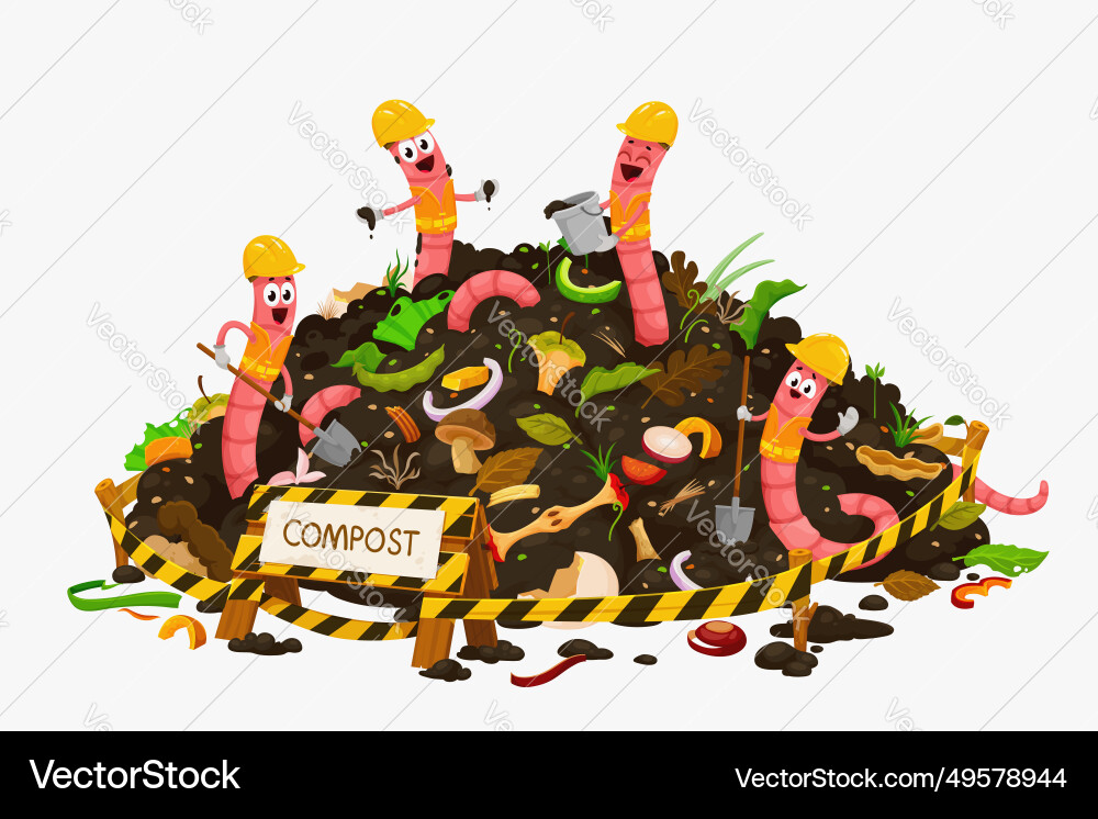 Cartoon earth worm builders characters in compost Vector Image
