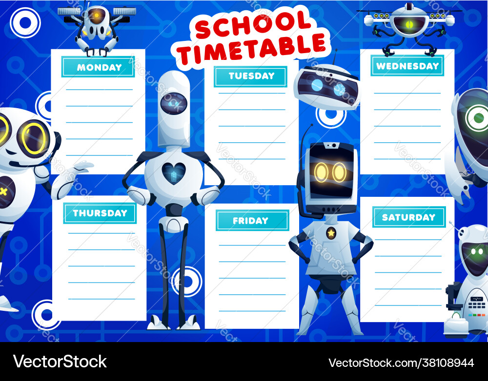 Kids timetable schedule with cartoon robots Vector Image