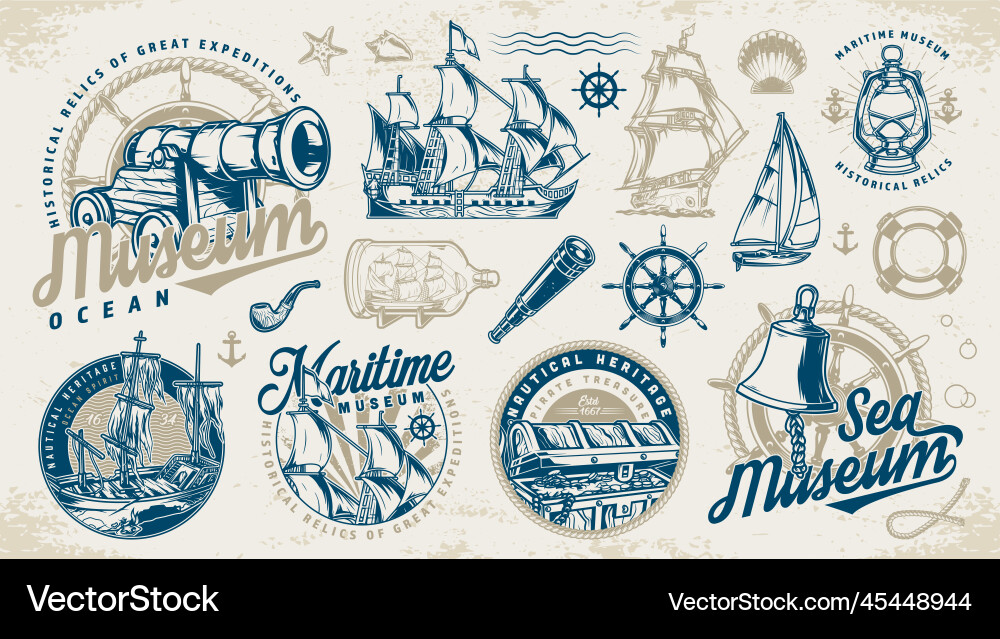 Maritime history stickers set colorful Royalty Free Vector