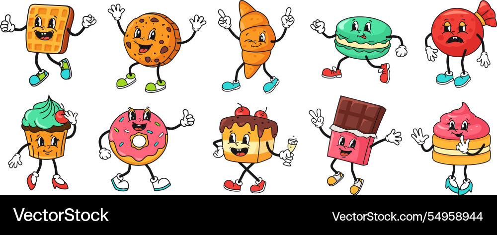 Retro dessert character cartoon sweets mascots Vector Image