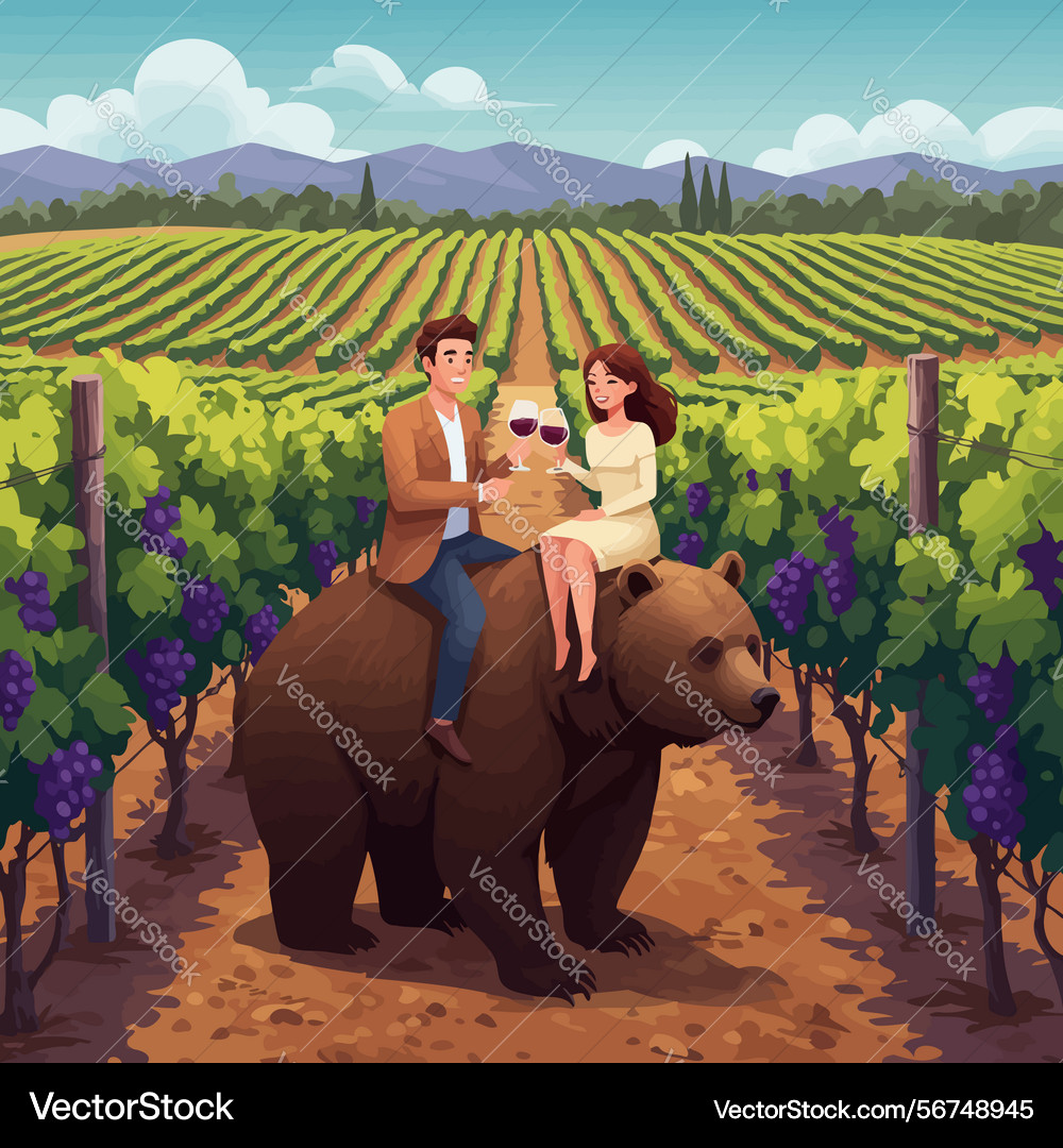 Couple riding bear through vineyard while Vector Image