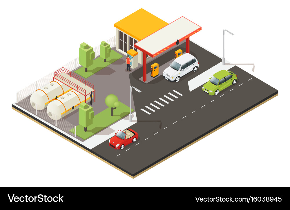 Isometric petrol fuel station concept Royalty Free Vector