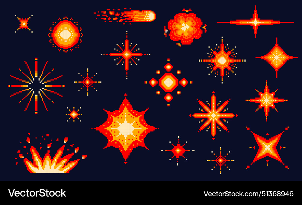 Pixel art explosions game icons set comic boom Vector Image