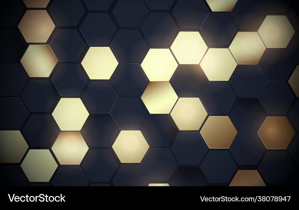 Abstract black and glowing gold hexagon pattern Vector Image