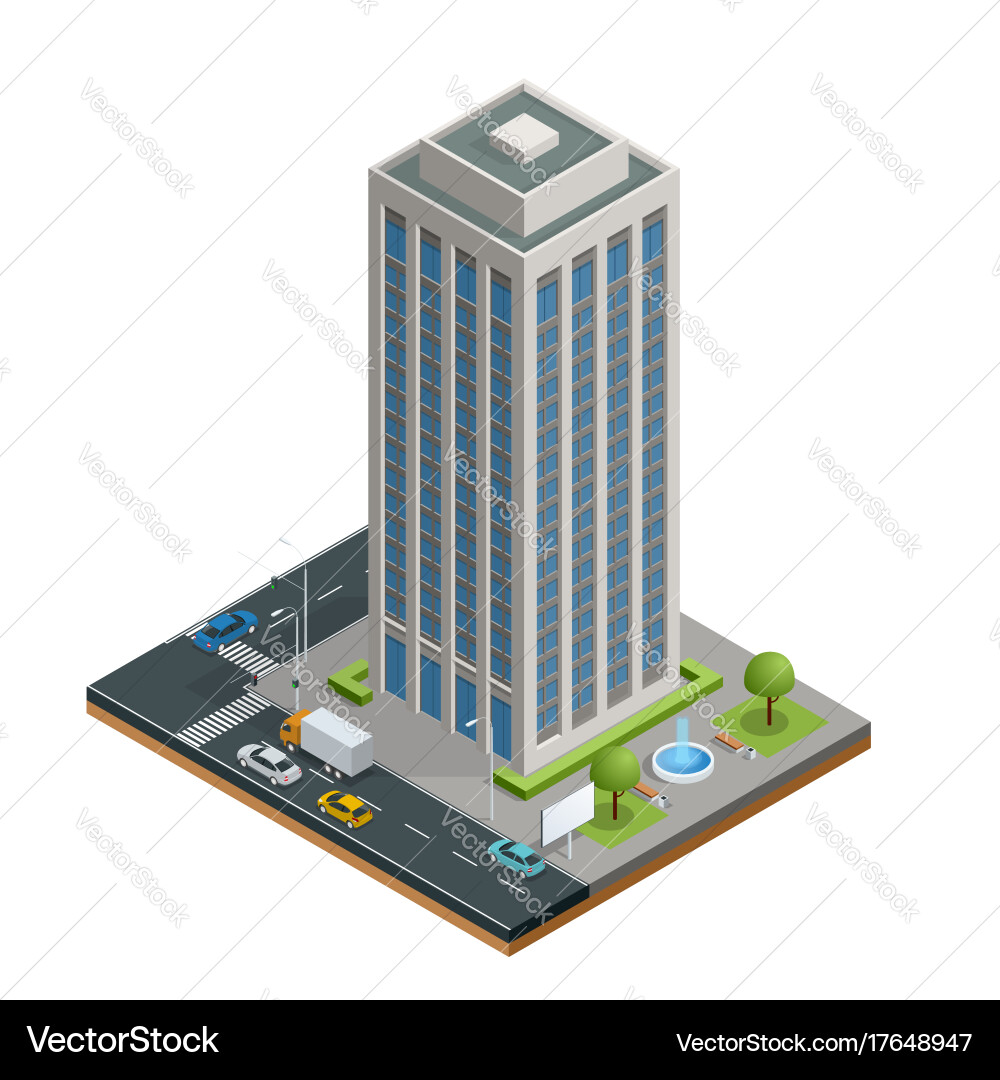 Isometric city houses composition with building Vector Image