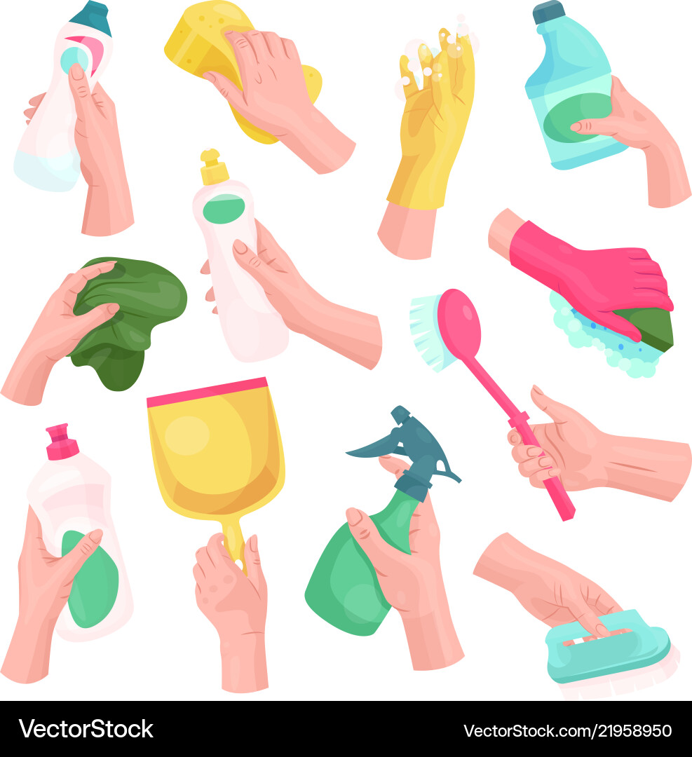Hands with cleaning tools and cleanser rag Vector Image