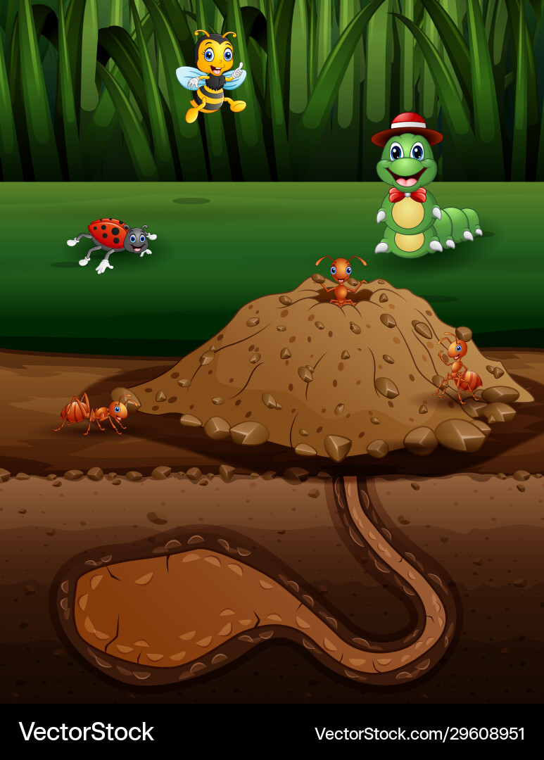 Nature scene with an anthill and some insects Vector Image