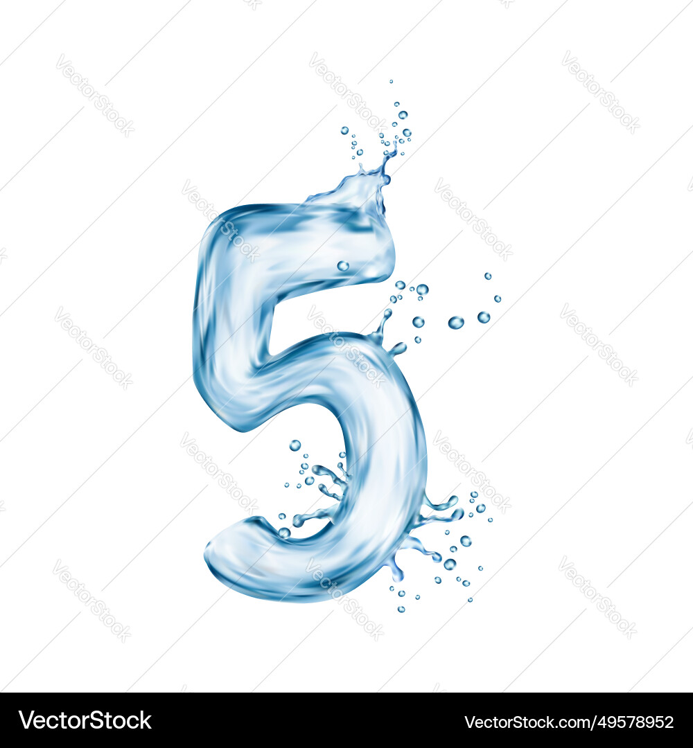 Liquid water number five with splash bubbles 5 Vector Image