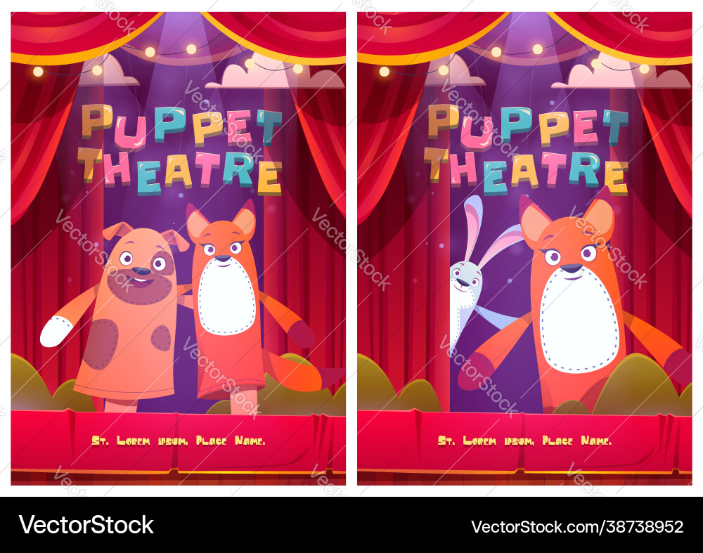 Puppet theatre posters with animals dolls Vector Image