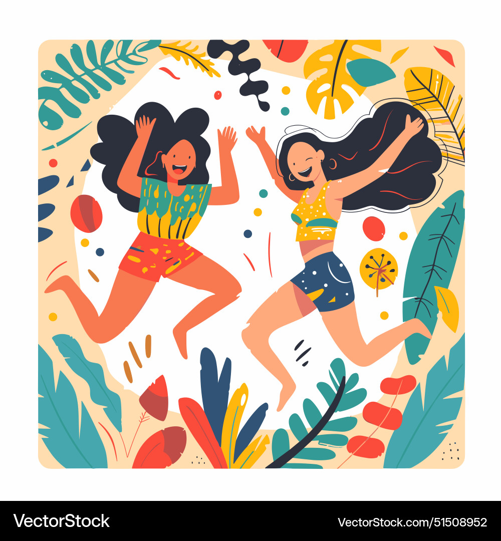 Two joyful women jumping surrounded tropical Vector Image