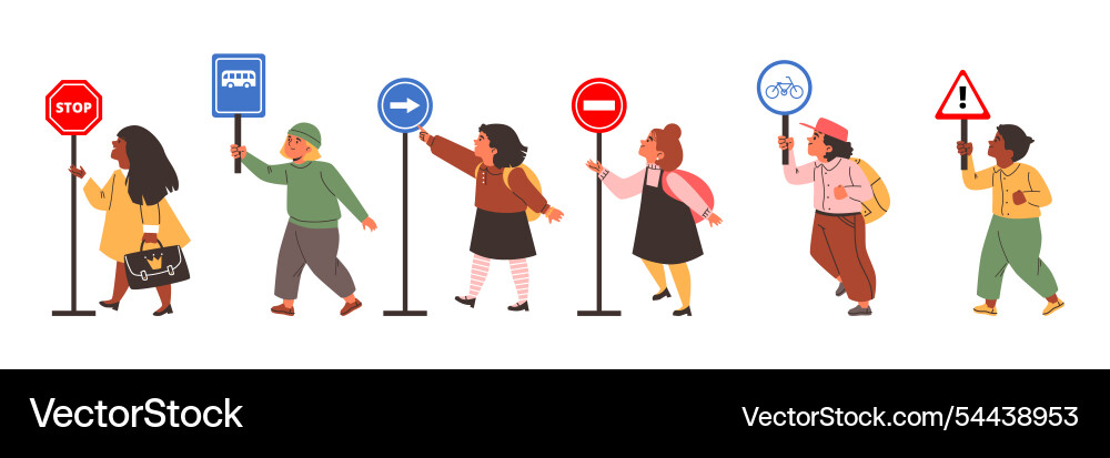 Children with different road signs Royalty Free Vector Image