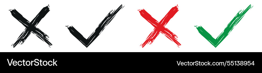 Hand-drawn check mark x symbol icons set Vector Image