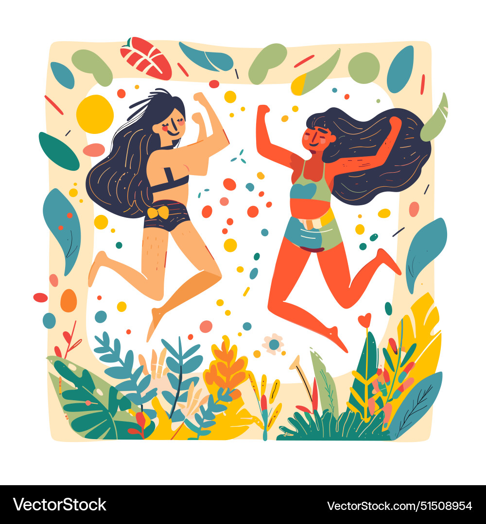 Two women dancing joyfully among vibrant tropical Vector Image