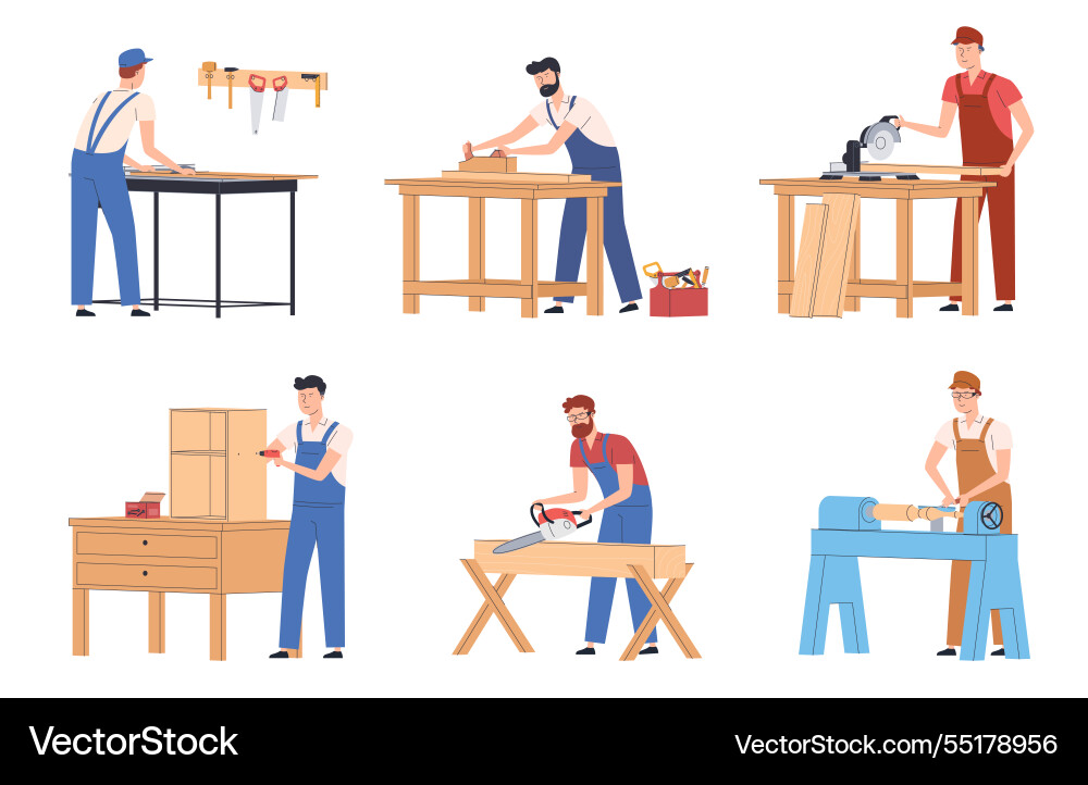Carpenters with different tools woodworking Vector Image