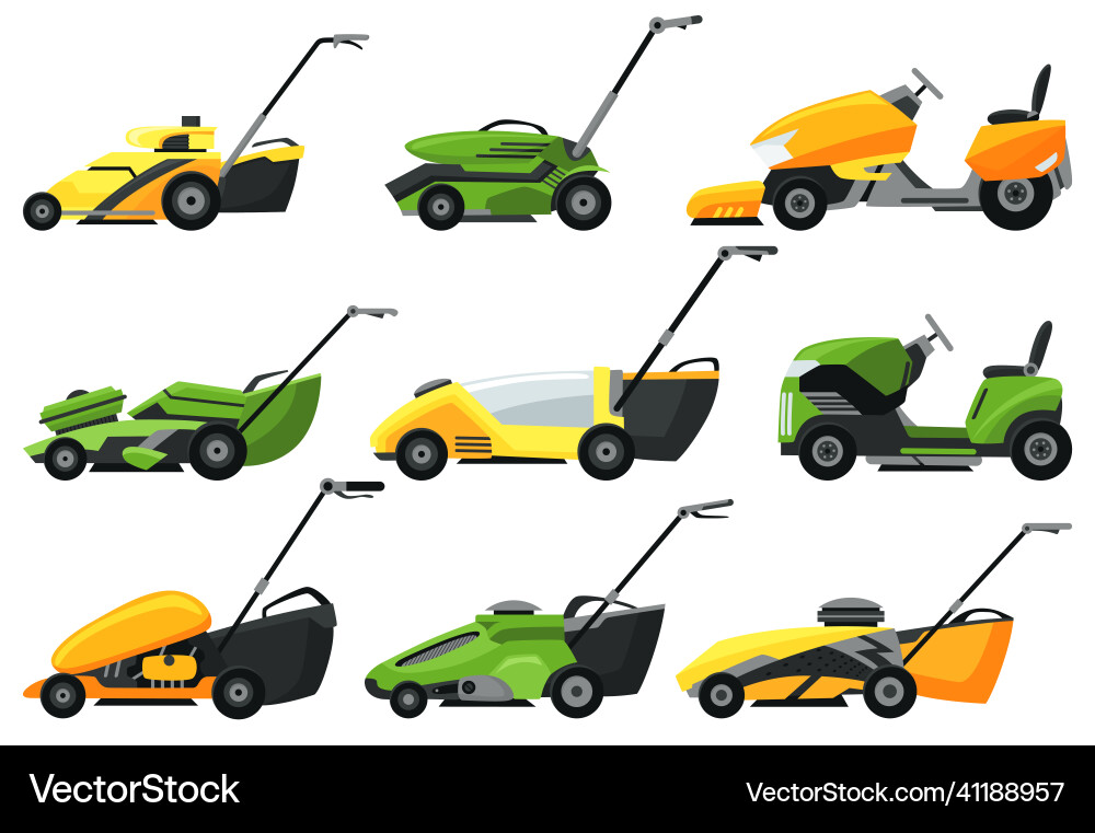 Lawn mower machines set in various types green Vector Image