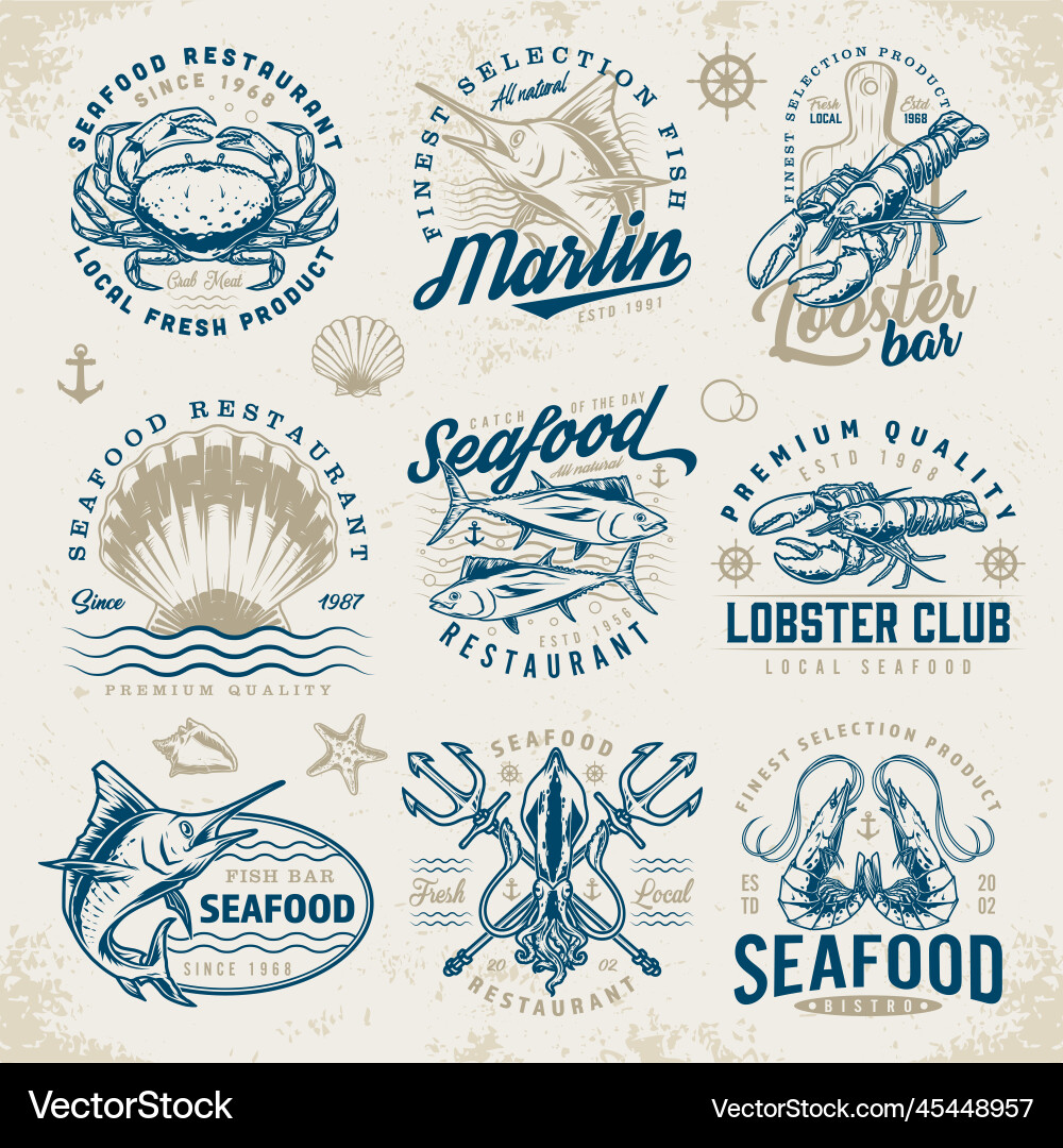 Seafood restaurant labels set colorful Royalty Free Vector
