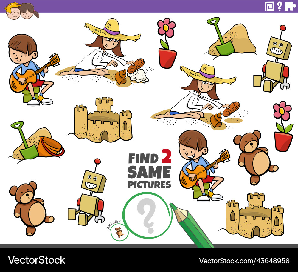 Find two same cartoon pictures educational task Vector Image