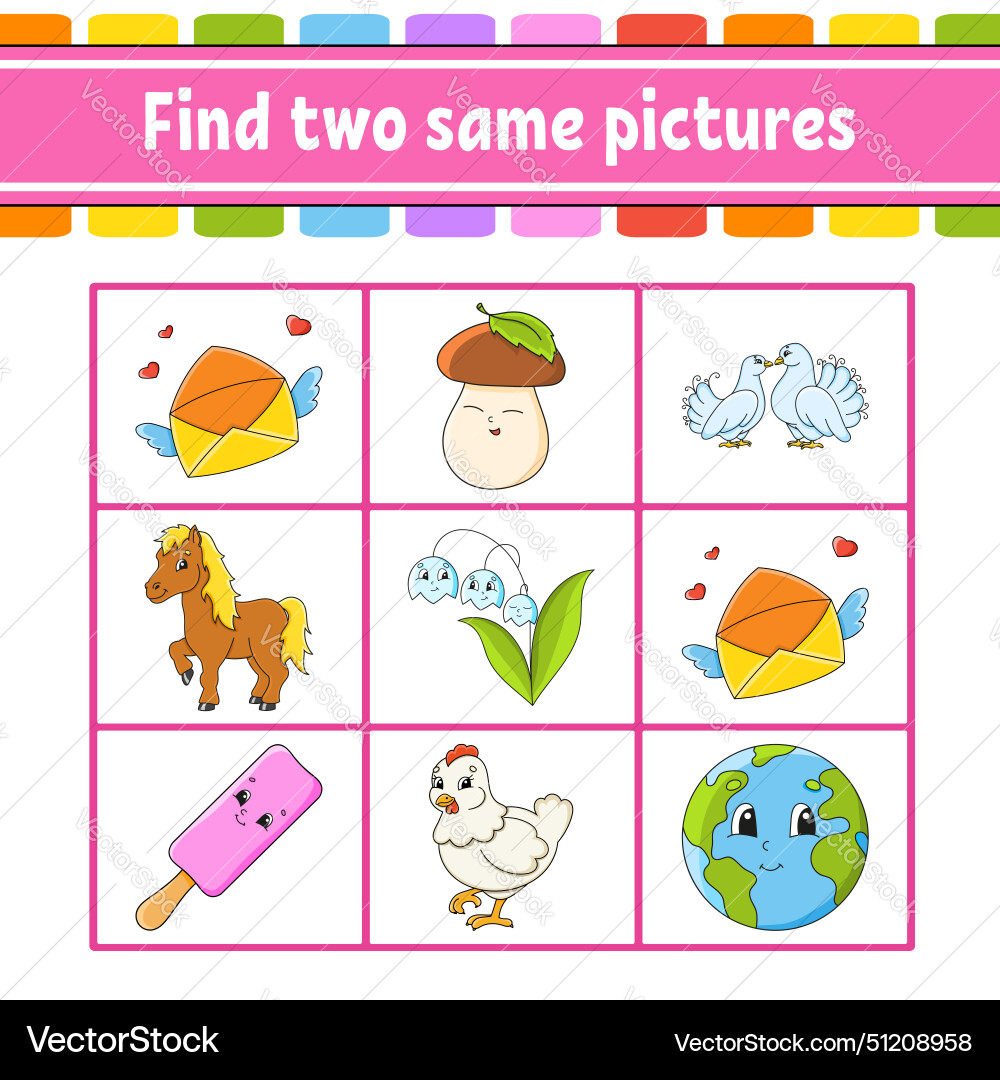Find two same pictures task for kids education Vector Image