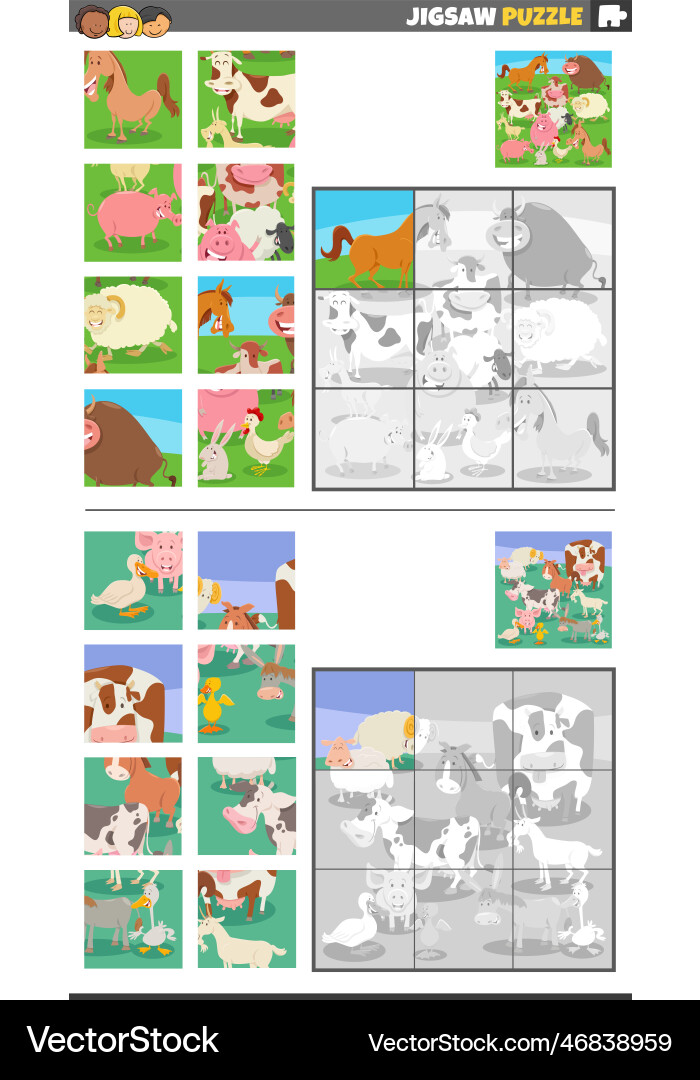 Jigsaw puzzle game set with cartoon farm animals Vector Image