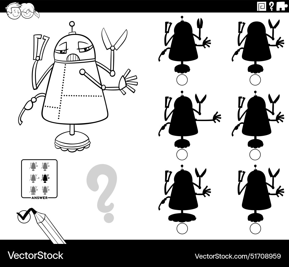 Shadow game with cartoon robot character coloring Vector Image