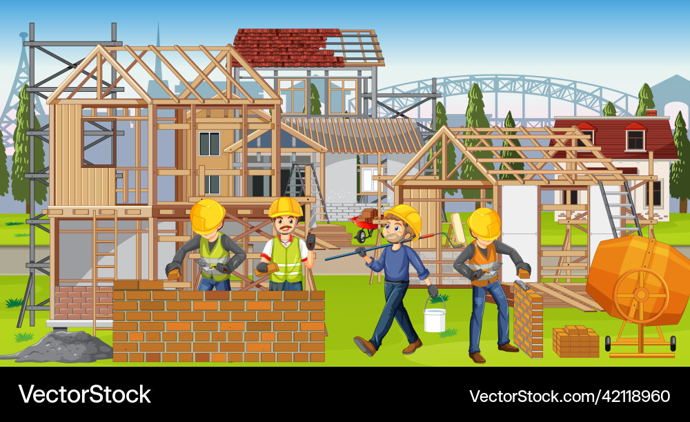 House construction site with workers cartoon Vector Image