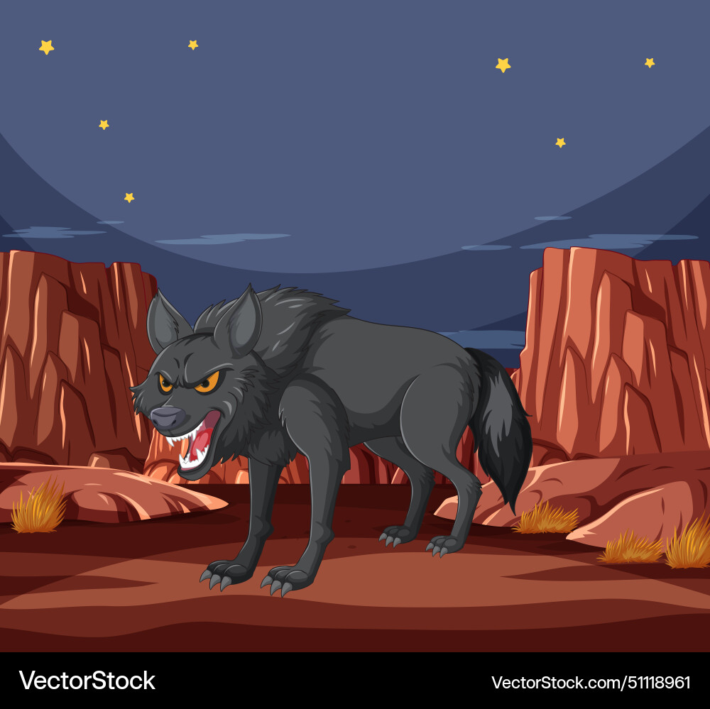 Angry black wolf under a starry night sky Vector Image