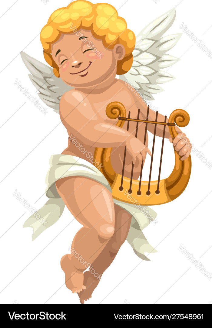 Cupid winged boy playing on harp isolated Vector Image