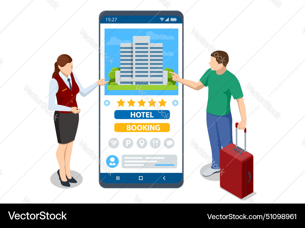 Isometric online hotel booking concept buying Vector Image
