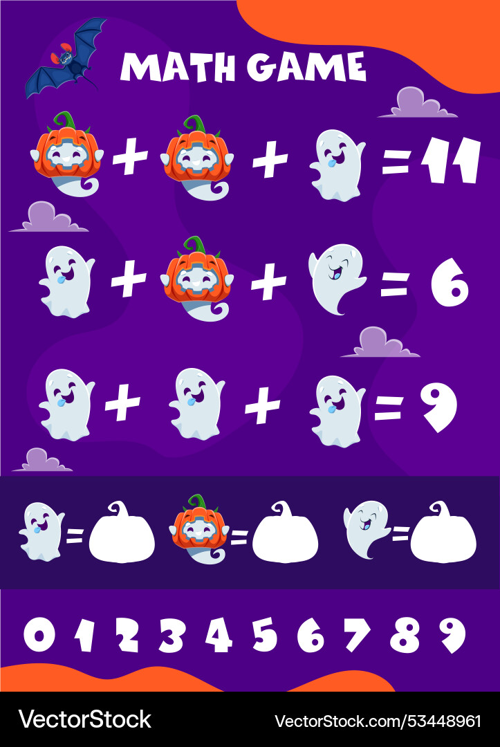 Math game worksheet halloween kawaii ghosts Vector Image