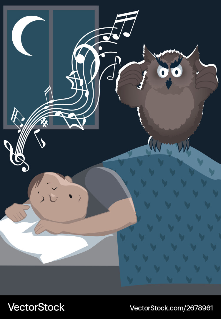 Snoring man and annoyed owl Royalty Free Vector Image
