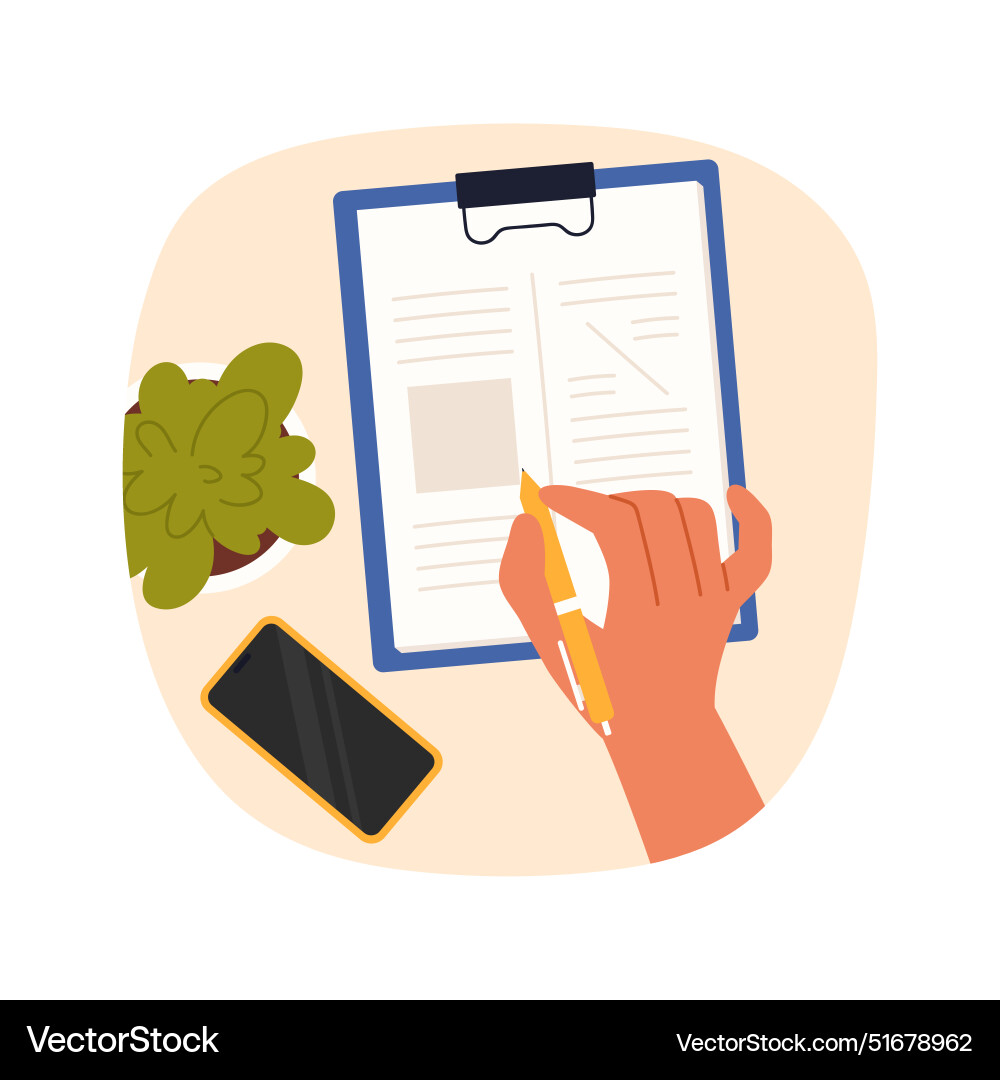 Hands of person writing text on white sheet Vector Image